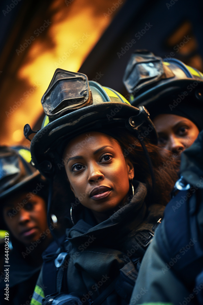 Generative AI image portrait of young women black firefighters in ...