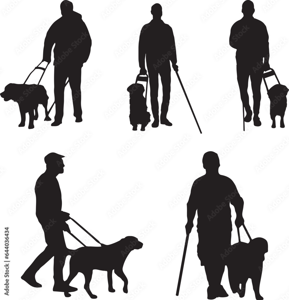 Guide Dog and Disabled People Silhouette Vector Set Stock Vector ...