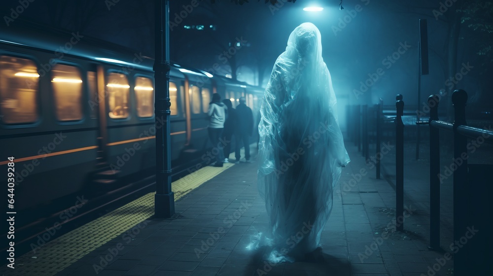 luminous Ghost in front of subway train. Horrors, nightmares, driving ...