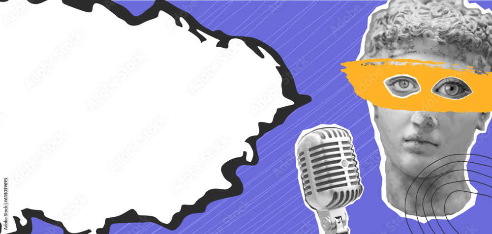 Pop art collage with greece modern face announcing crazy promotions ...