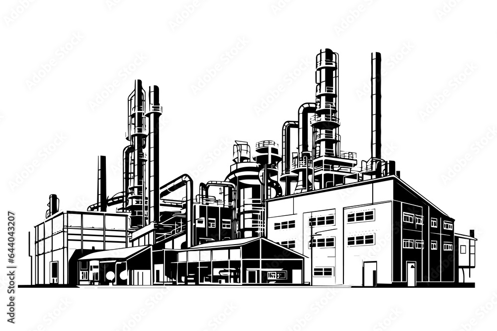 Industrial landscape line engraving style hand drawing ink sketch. Oil ...