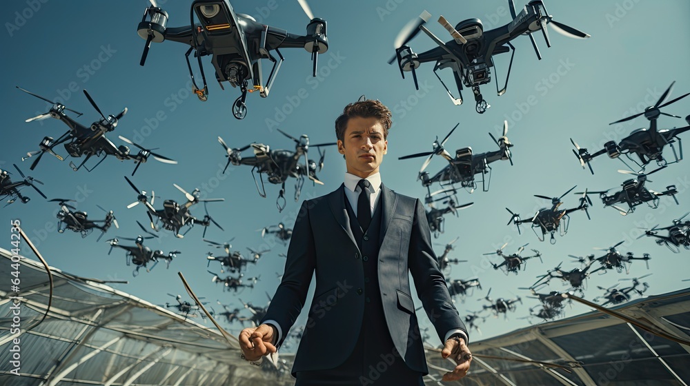 Model donning a suit with built-in drones, captured amidst a flight ...