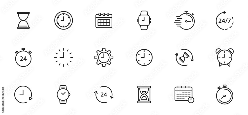 Time and Clock linear icons set. Timer, watch, speed, calendar, alarm ...