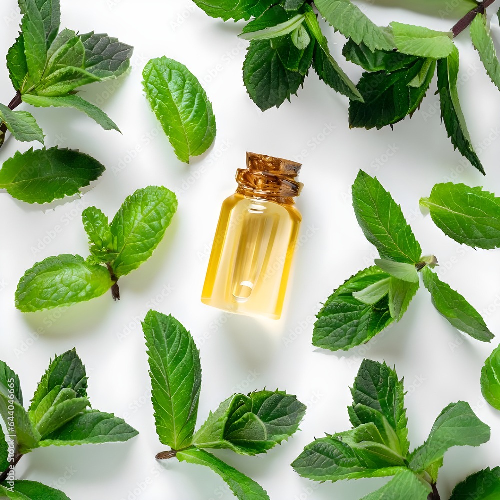 Essential oil and greenmint leaves on white background. Medicinal herbs ...