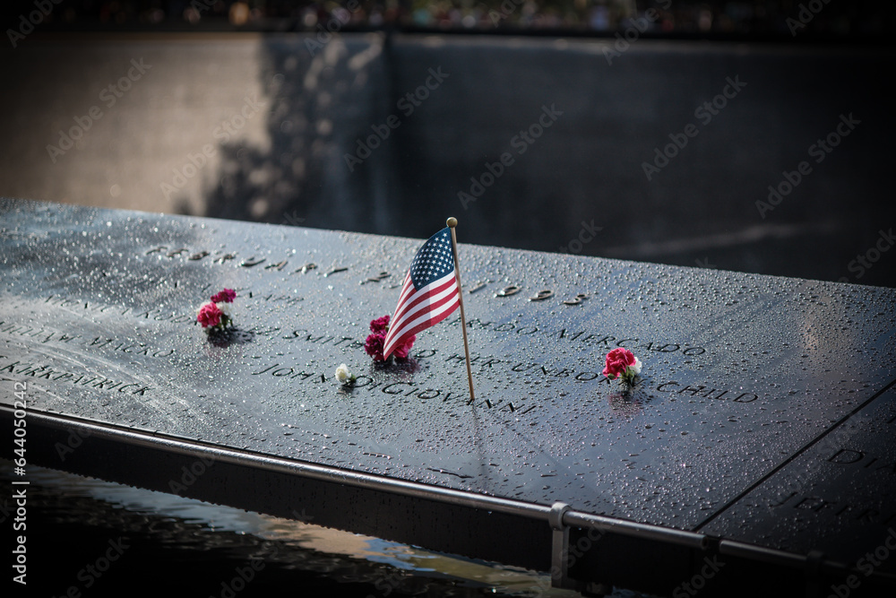 National September 11 Memorial, american flag, flowers, names, New York ...