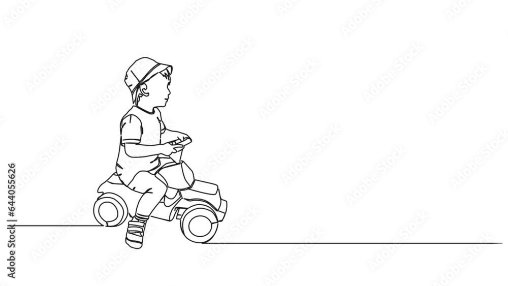 animated continuous single line drawing of toddler on toy car, line art ...