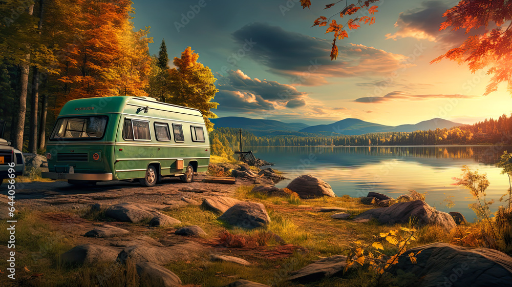 rv motorhome or trailer at lake by the shore, van life, beautiful ...