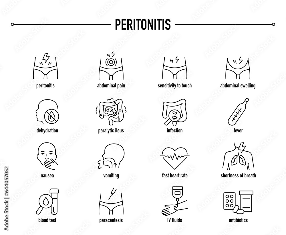 Peritonitis symptoms, diagnostic and treatment vector icons. Line ...