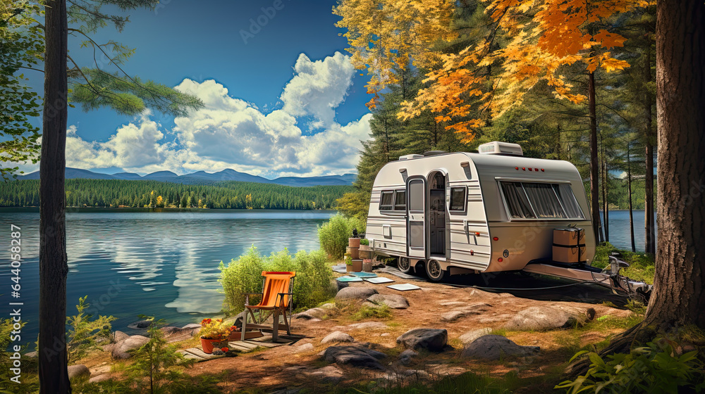 rv motorhome or trailer at lake by the shore, van life, beautiful ...