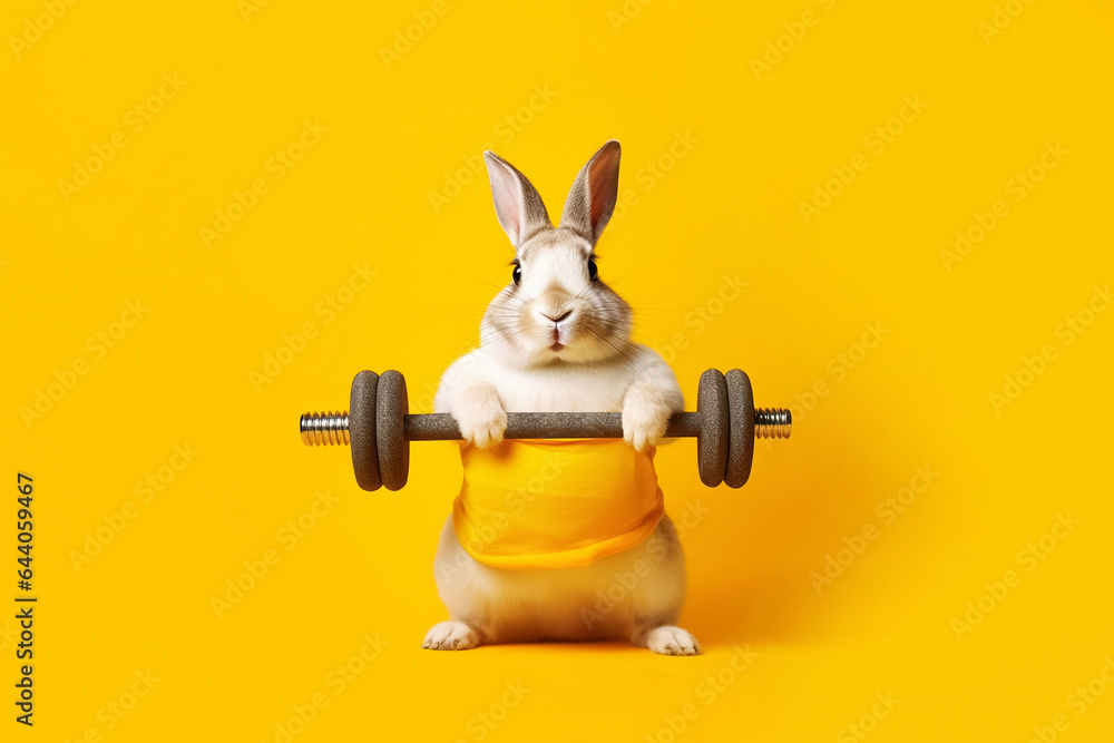 cartoon rabbit lifting heavy barbell, funny fitness and exercise ...