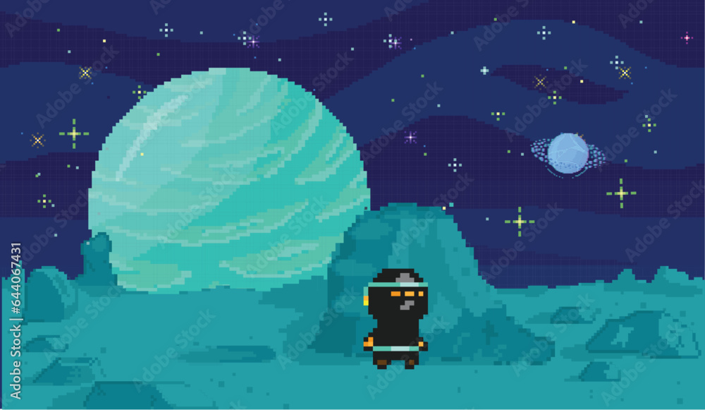 Space exploration illustration, fantasy alien landscape. Cartoon pixel ...