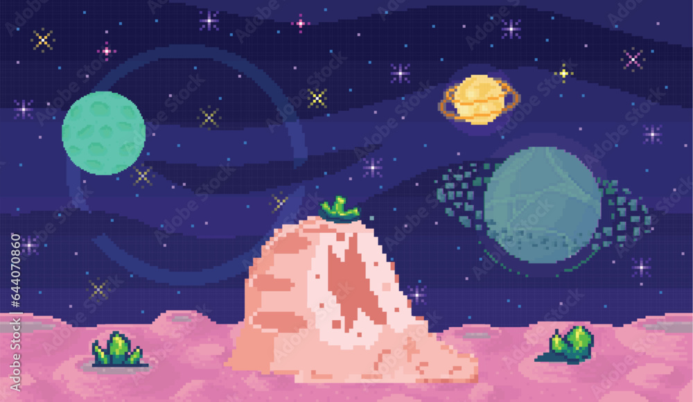 Space exploration illustration, fantasy alien landscape. Cartoon pixel ...