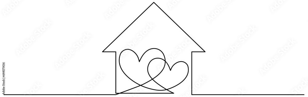 Two heart inside house continuous one line drawn. Love family home ...