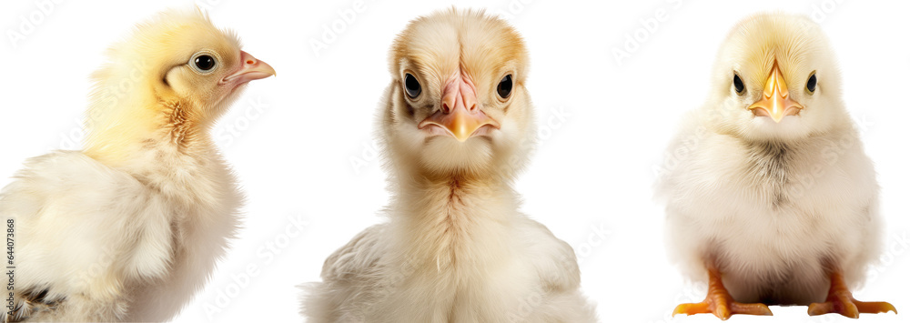 Collection of three baby chicken (portrait, side view, standing ...