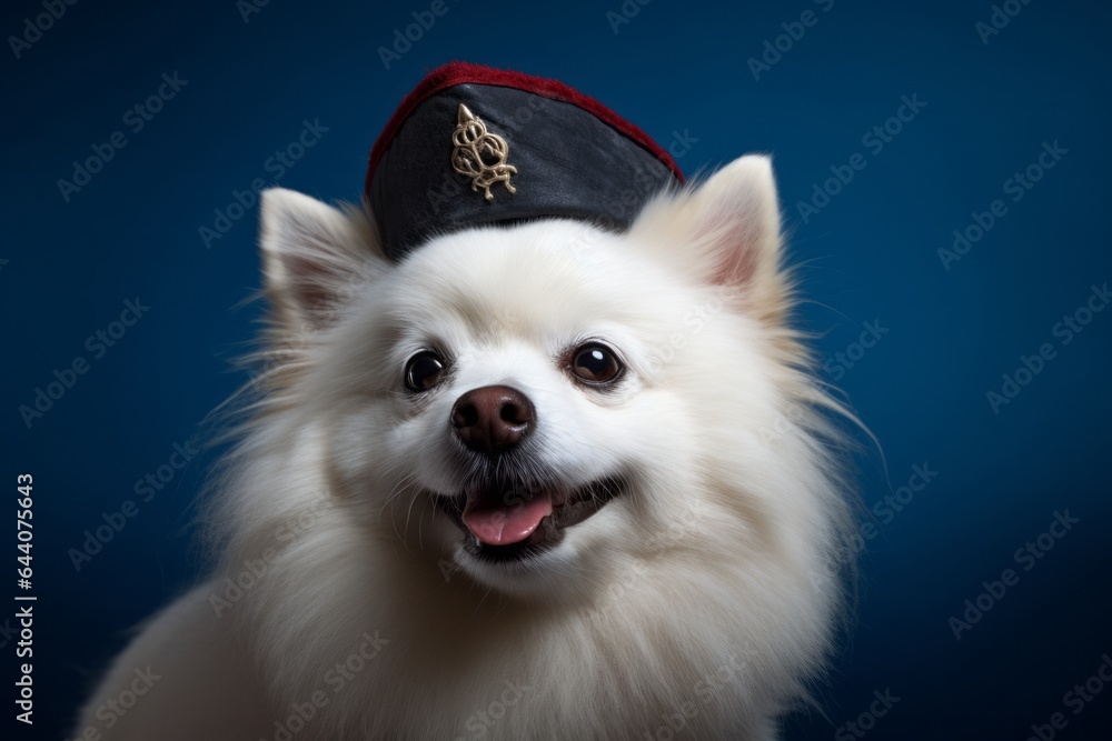 Lifestyle portrait photography of a cute american eskimo dog wearing a ...