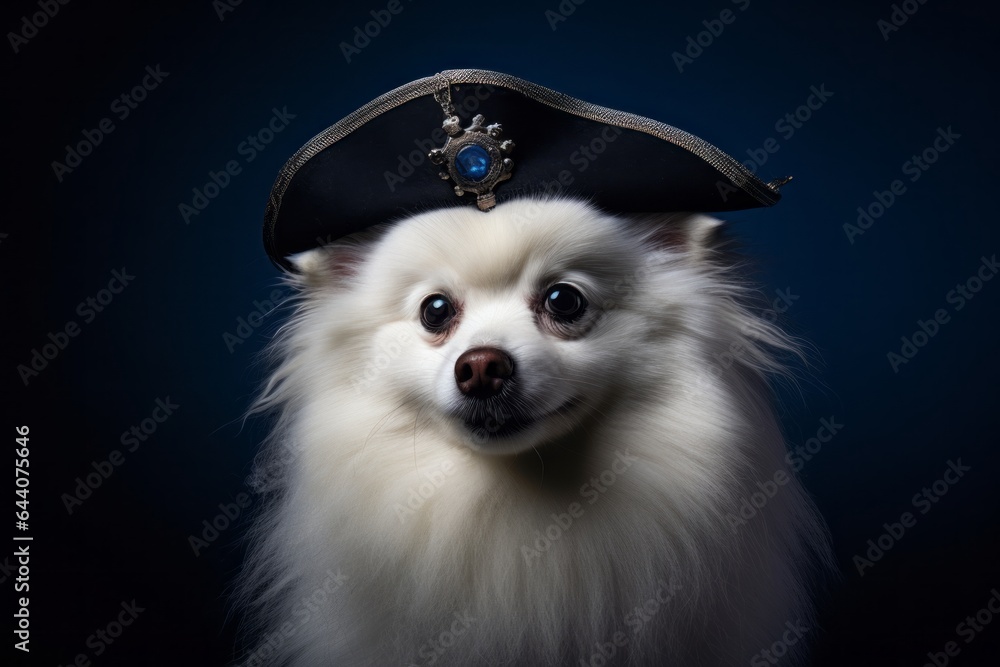 Lifestyle portrait photography of a cute american eskimo dog wearing a ...