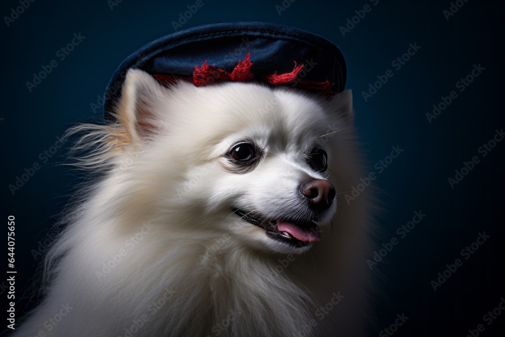 Lifestyle portrait photography of a cute american eskimo dog wearing a ...