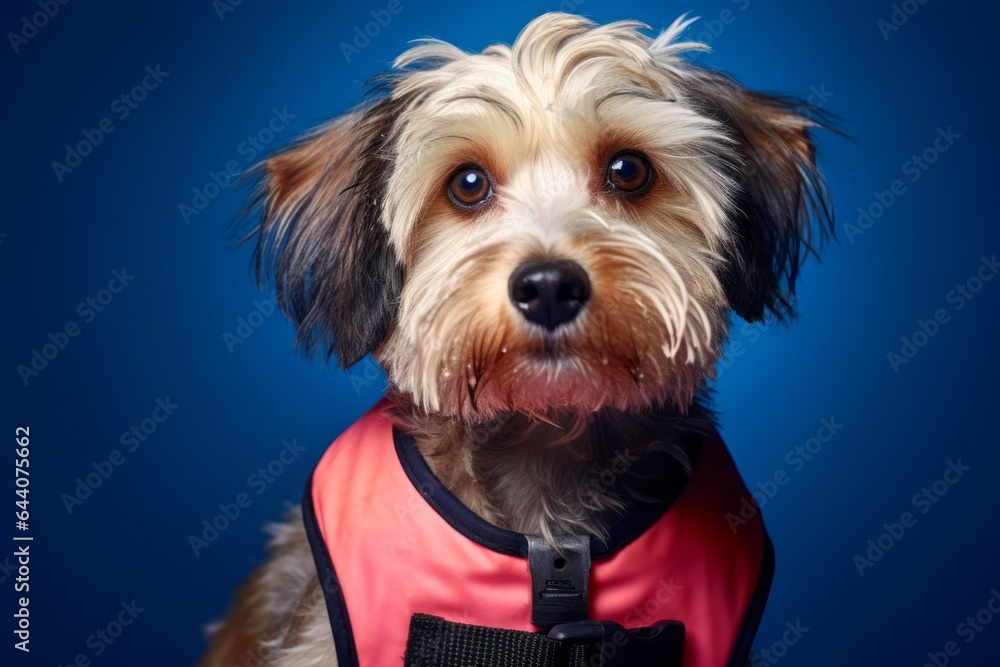 Headshot portrait photography of a cute lowchen dog wearing a swimming ...