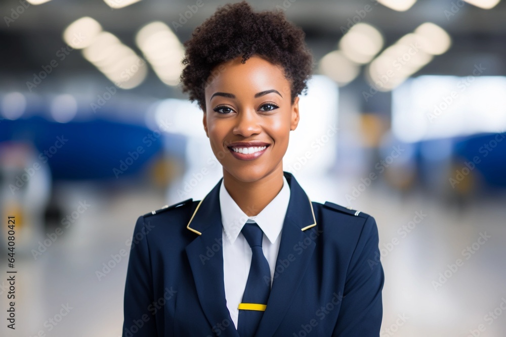 Smiling African American female flight attendant in uniform in an ...