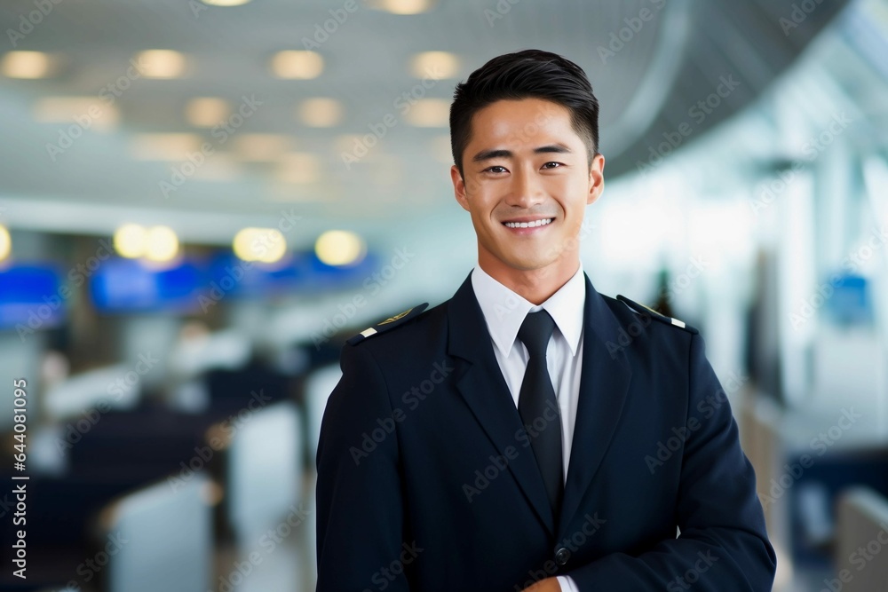 Smiling Asian male pilot in uniform in an airport background ...