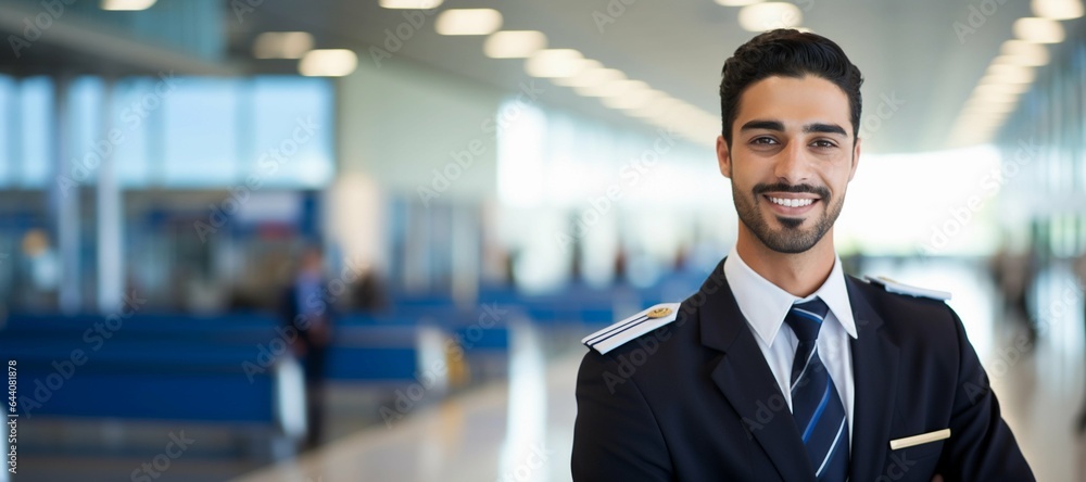 Confident smiling Arab muslim male pilot in uniform in an airport ...