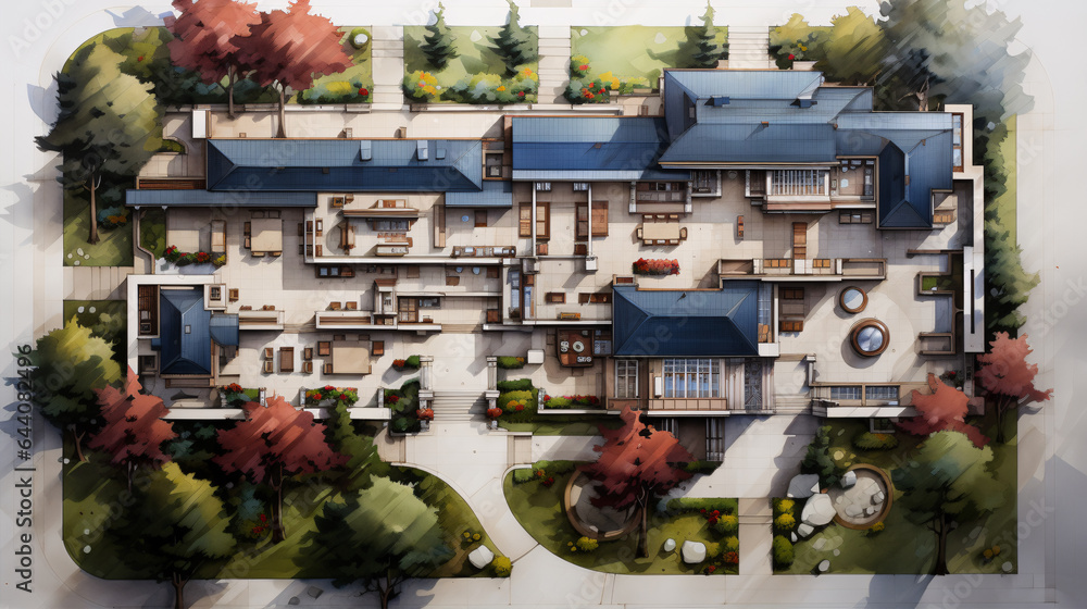 An expansive top-down view unveils the intricacies of an architectural ...