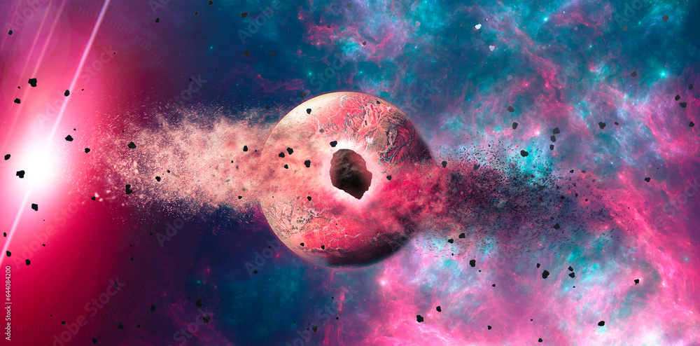 Planet with rings and comets, meteorite asteroids whizzing by ...