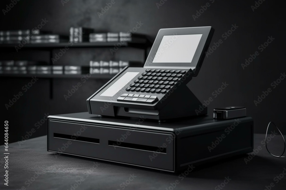 A modern cash register with a black design and equipped with a barcode ...