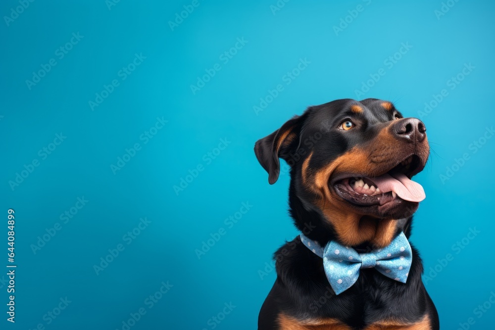 Medium shot portrait photography of a smiling rottweiler wearing a cute ...