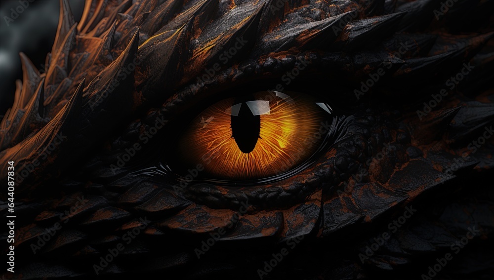 Golden eye of the dragon, dragon eye is staring, glowing in the dark ...