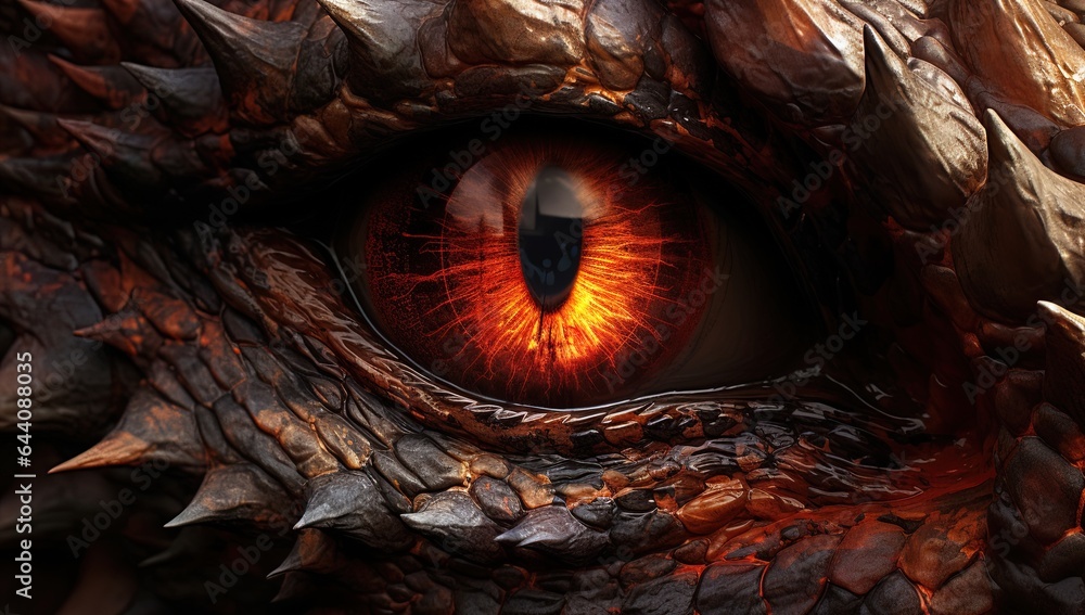 Golden eye of the dragon, dragon eye is staring, glowing in the dark ...