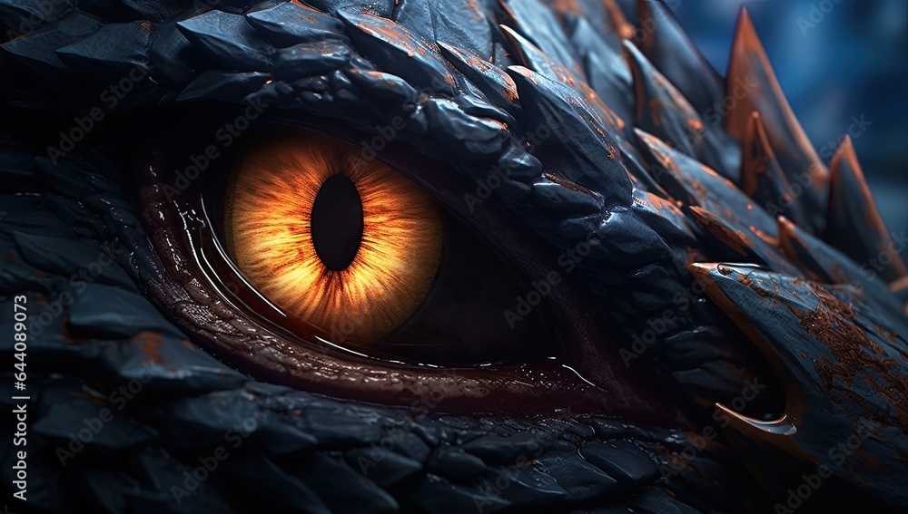 Golden eye of the dragon, dragon eye is staring, glowing in the dark ...