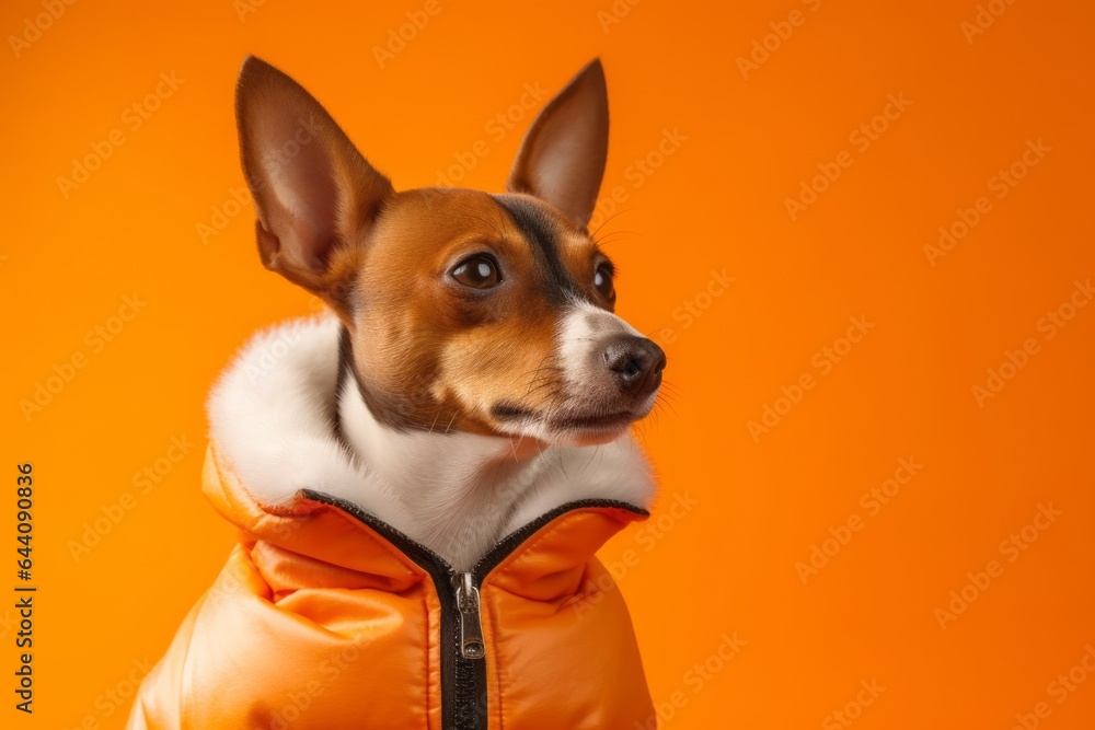 Lifestyle portrait photography of a tired basenji dog wearing a puffer ...