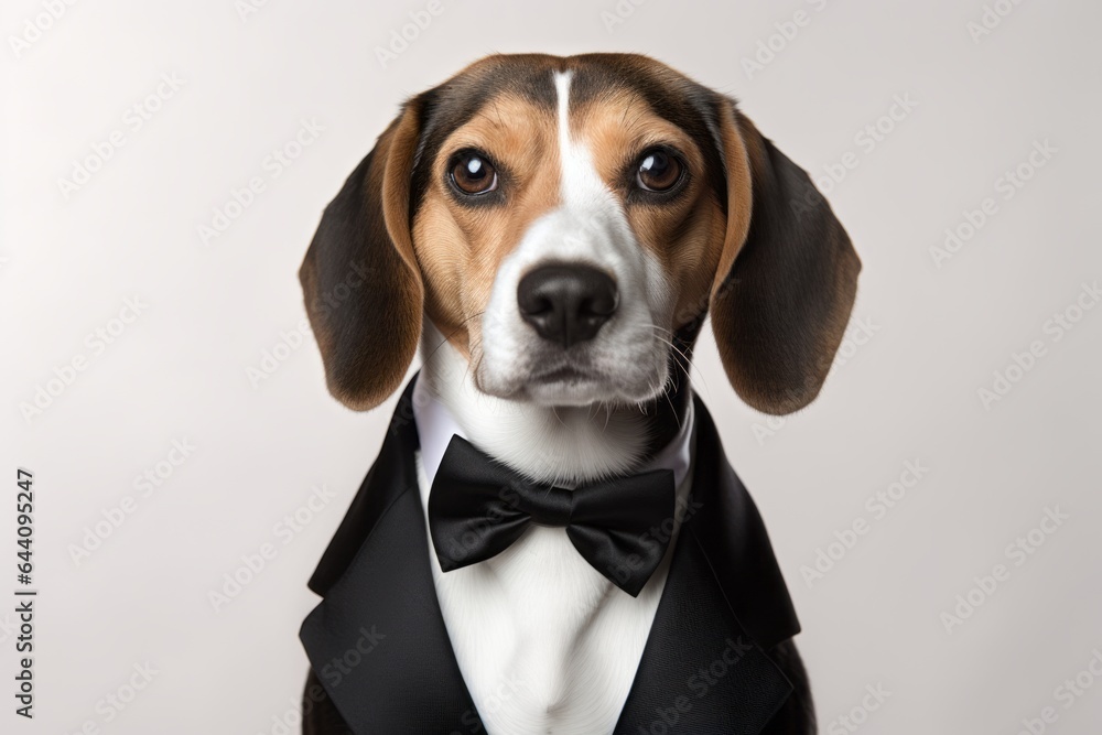 Medium shot portrait photography of a cute beagle wearing a tuxedo ...