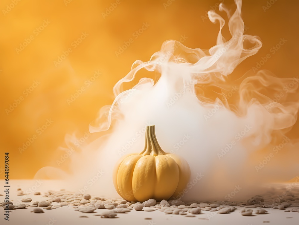 A minimalist and surreal scene depicting a golden pumpkin gracefully ...