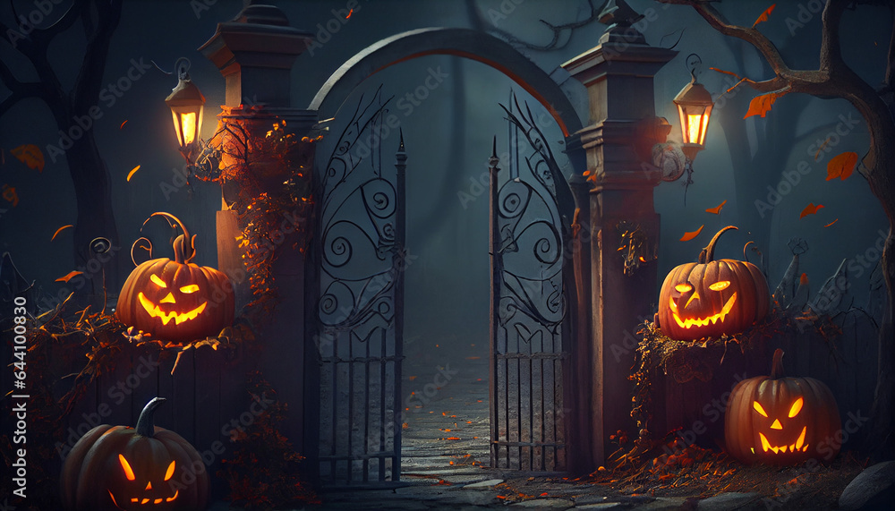 Jack O' Lanterns at Spooky Churchyard Gate. Halloween background, Ai ...