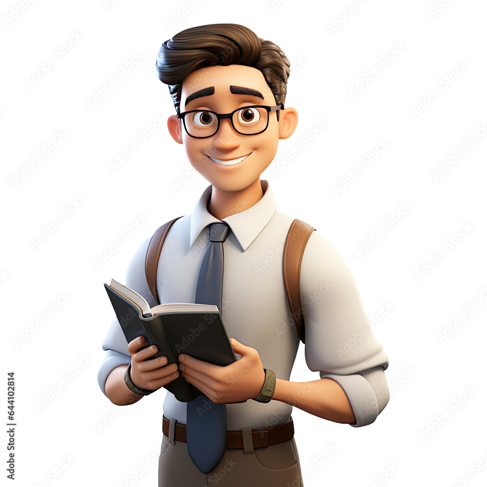 3D Cute cartoon male teacher character on transparent background ...