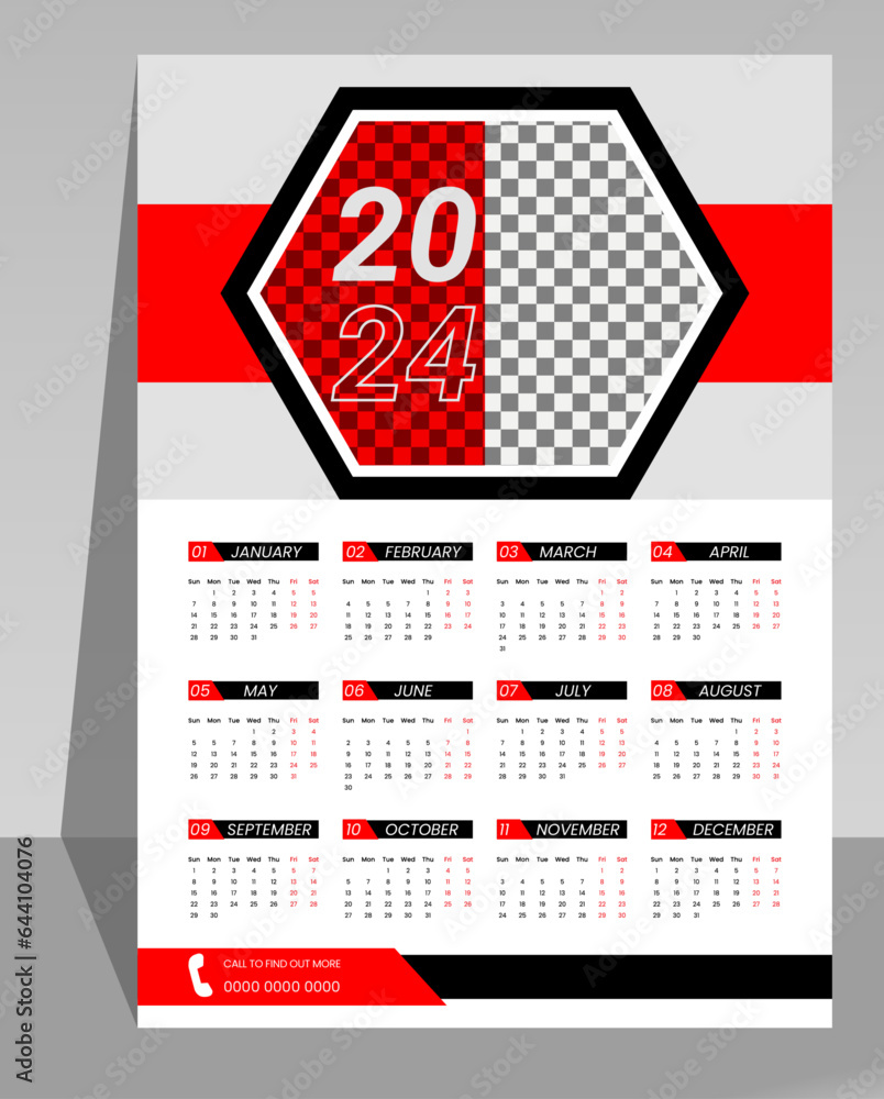 wall Calendar 2024, wall calendar design template for 2024, clean and ...