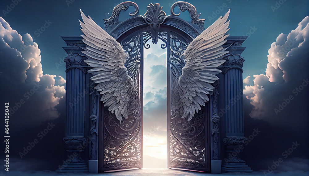 The gates, doors to heaven in the sky with angel wings and clouds, Ai ...