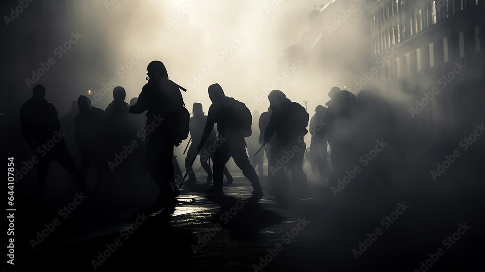 silhouettes of the crowd in the smoke on the street revolution riot ...