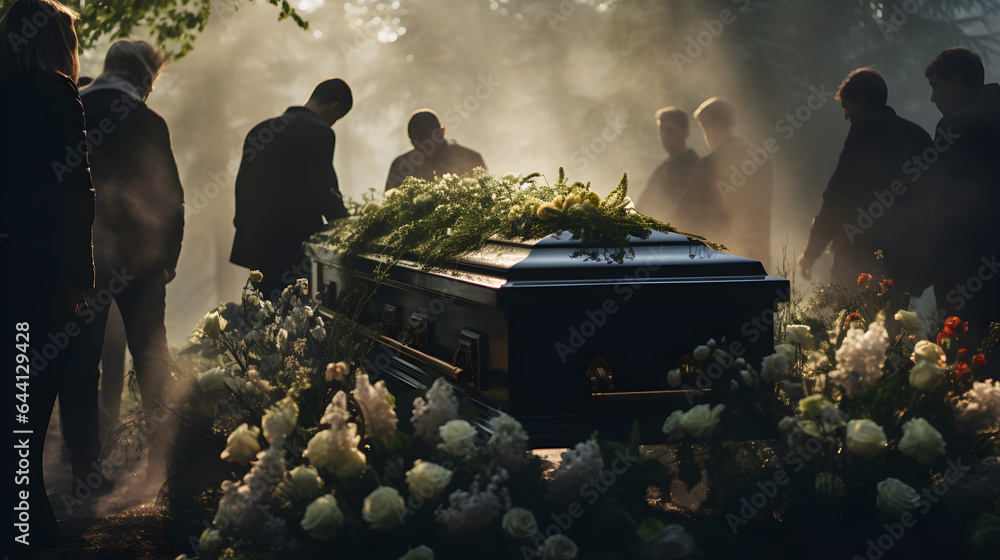 Death, funeral and coffin with family mourning, sad and depressed for ...