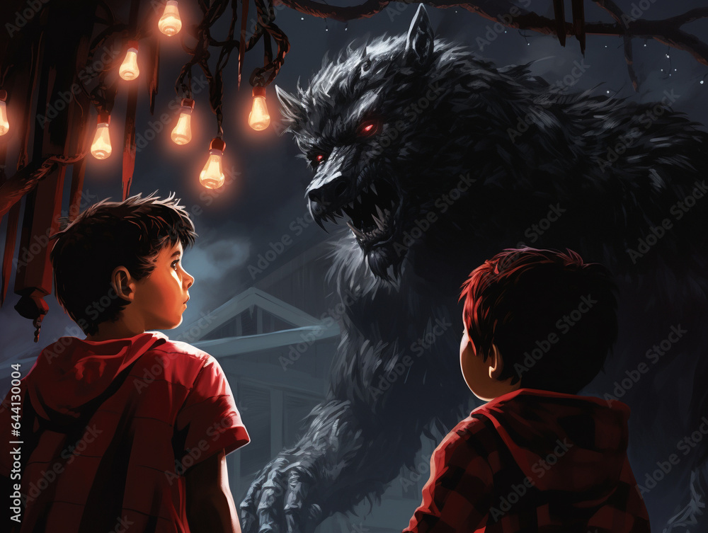 An Illustration of a Young Boy Gazing in Awe at a Life-Sized Werewolf ...