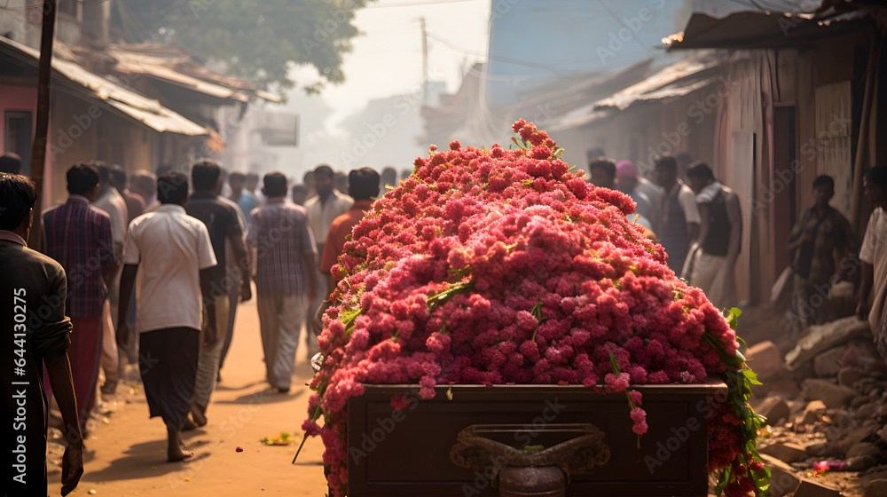 funeral ceremony in India with a lot of people and coffin with flowers ...