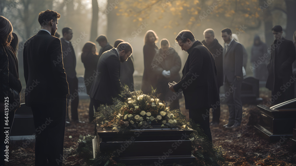 Death, funeral and coffin with family mourning, sad and depressed for ...
