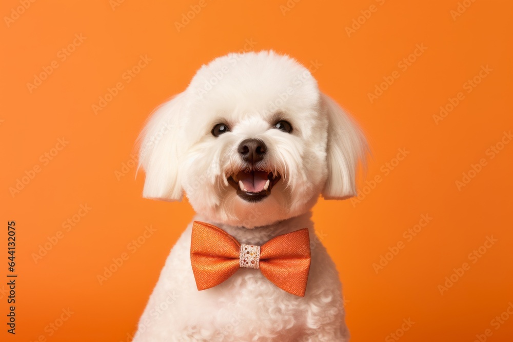 Group portrait photography of a smiling bichon frise wearing a cute bow ...