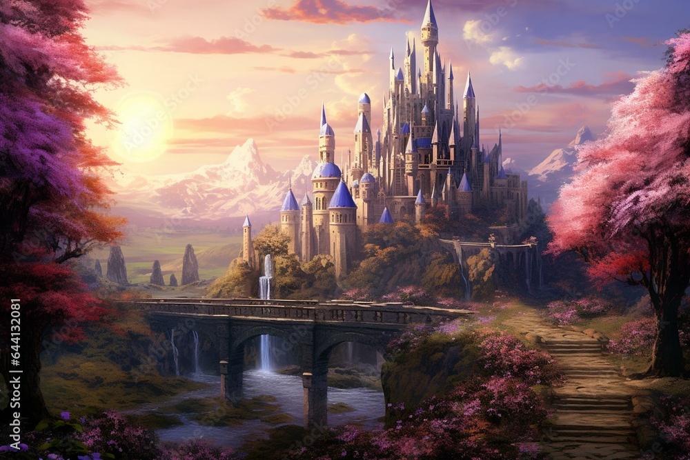 Mystical elf ruins at dawn amidst flower field with pink blooms and a ...