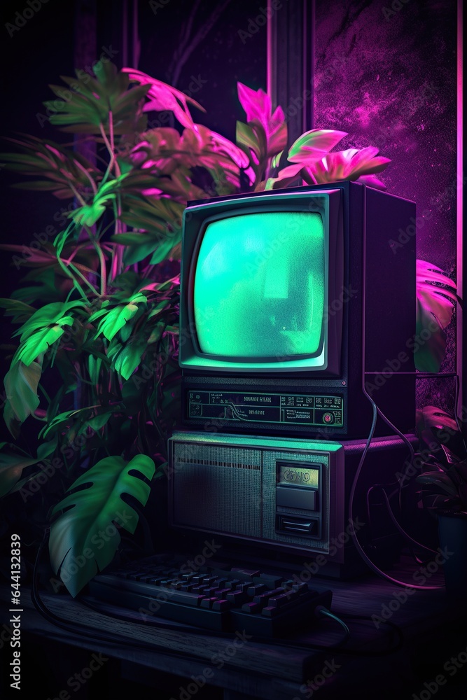 A vibrant neon retro futuristic vaporwave scene of an indoor plant next ...