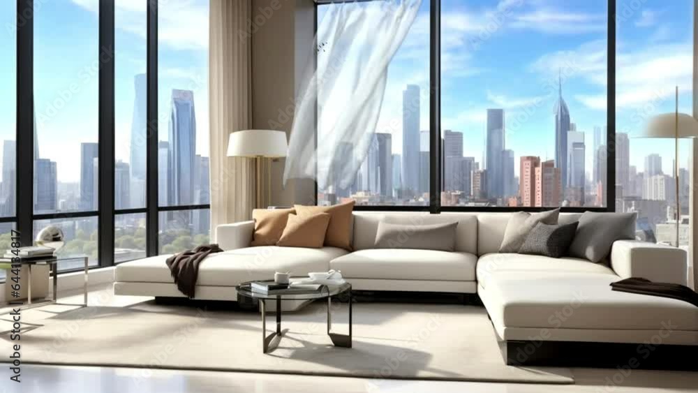 living room with windows view of city, seamless looping video ...