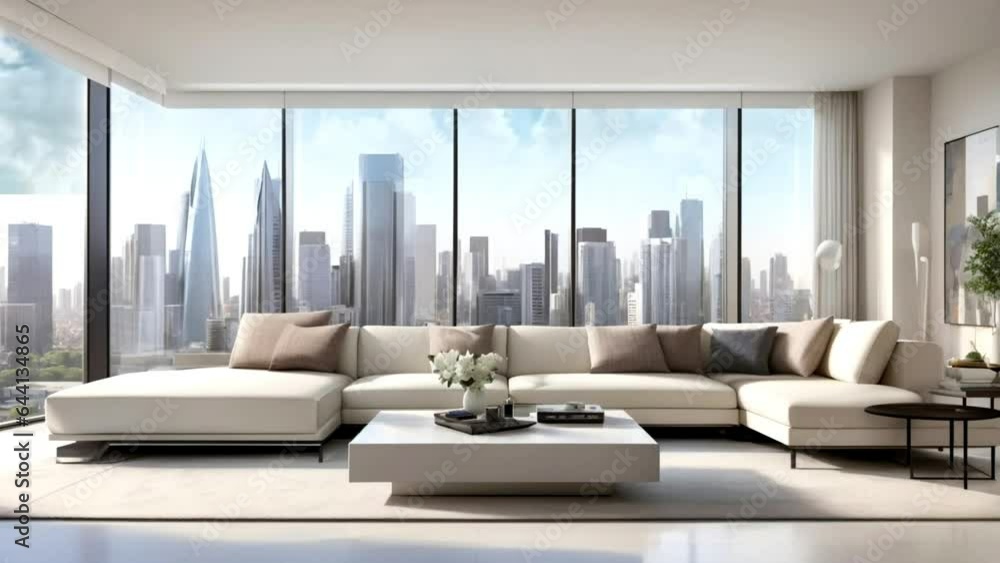 living room with windows view of city, seamless looping video ...