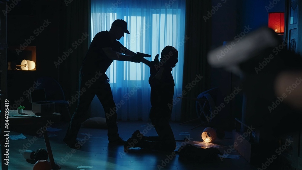 The arrest of a robber in a dark apartmen. Side view of a criminal in a ...